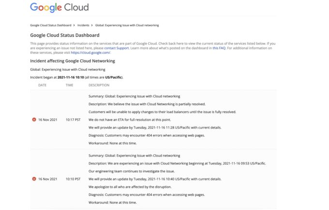 Issue resolved, Google Cloud is involved